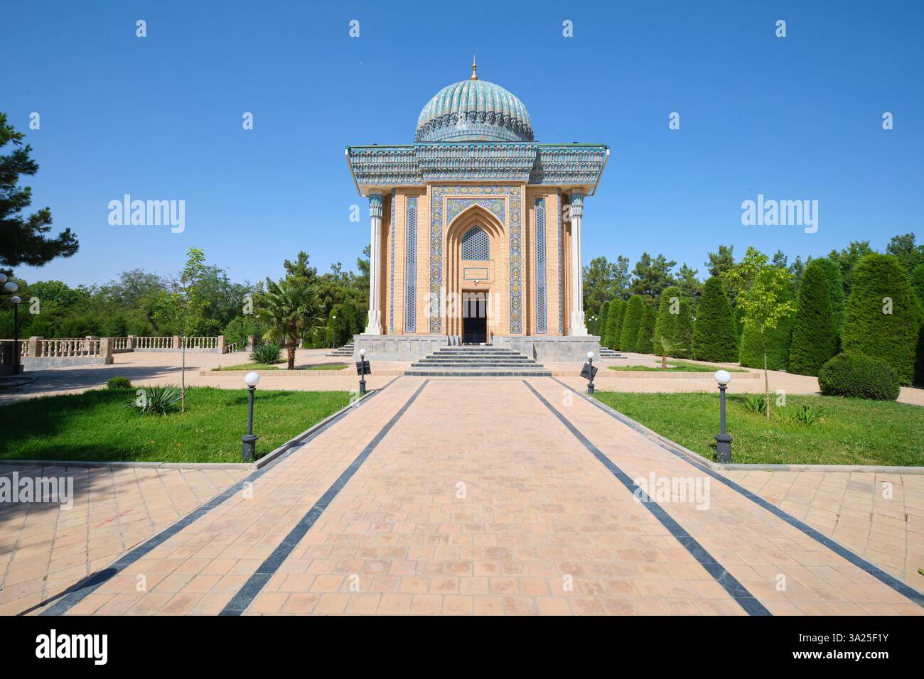 Exterior view of the facade with blue tile work. At the Abu Mansura ...