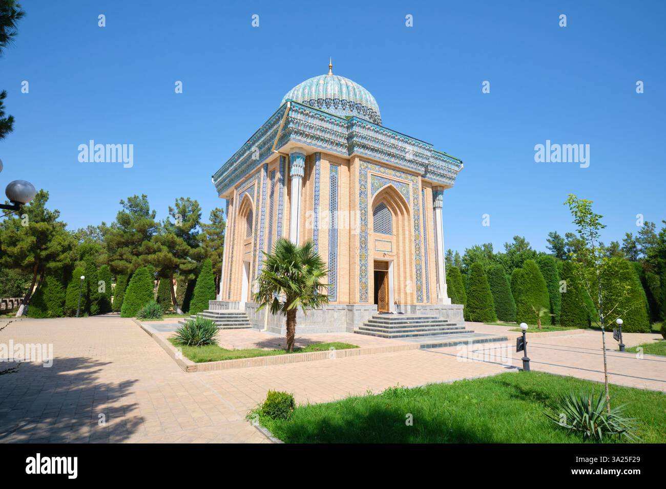 Exterior view of the facade with blue tile work. At the Abu Mansura ...