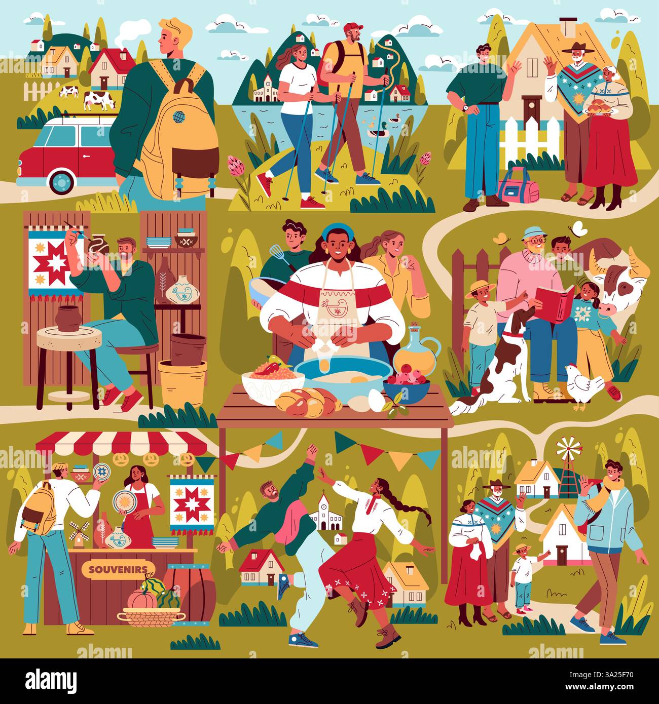 Slow travel illustration. Emphasizes leisurely exploration through various activities like ...