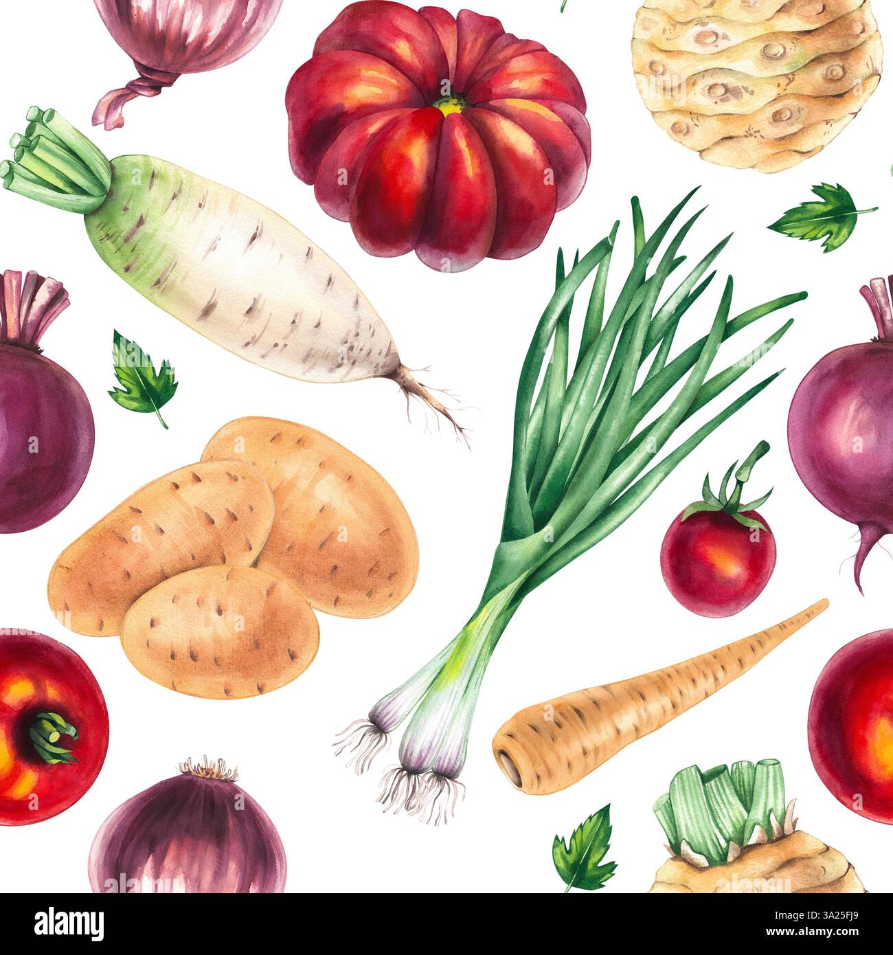 Watercolor vegetable pattern. Hand drawn vegetables on background ...