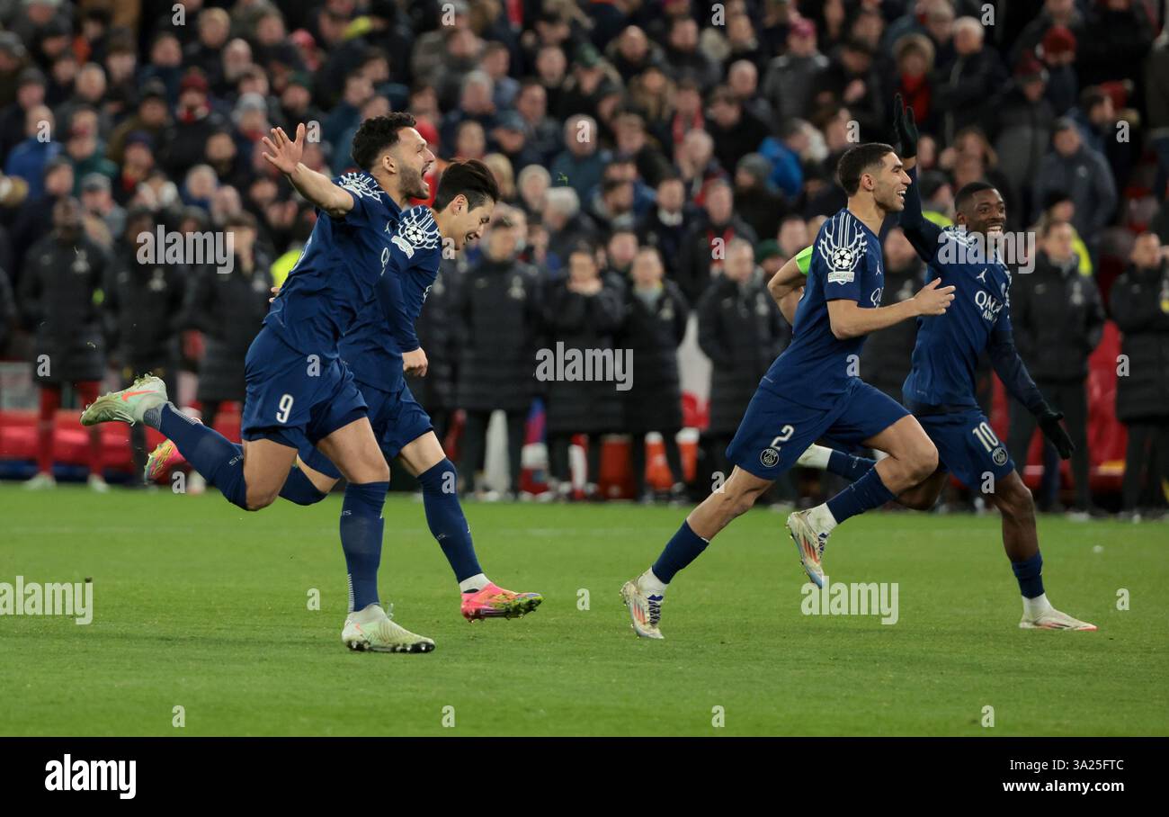 Liverpool, Royaume Uni. 11th Mar, 2025. Goncalo Ramos, Lee Kang-in, Achraf Hakimi, Ousmane ...