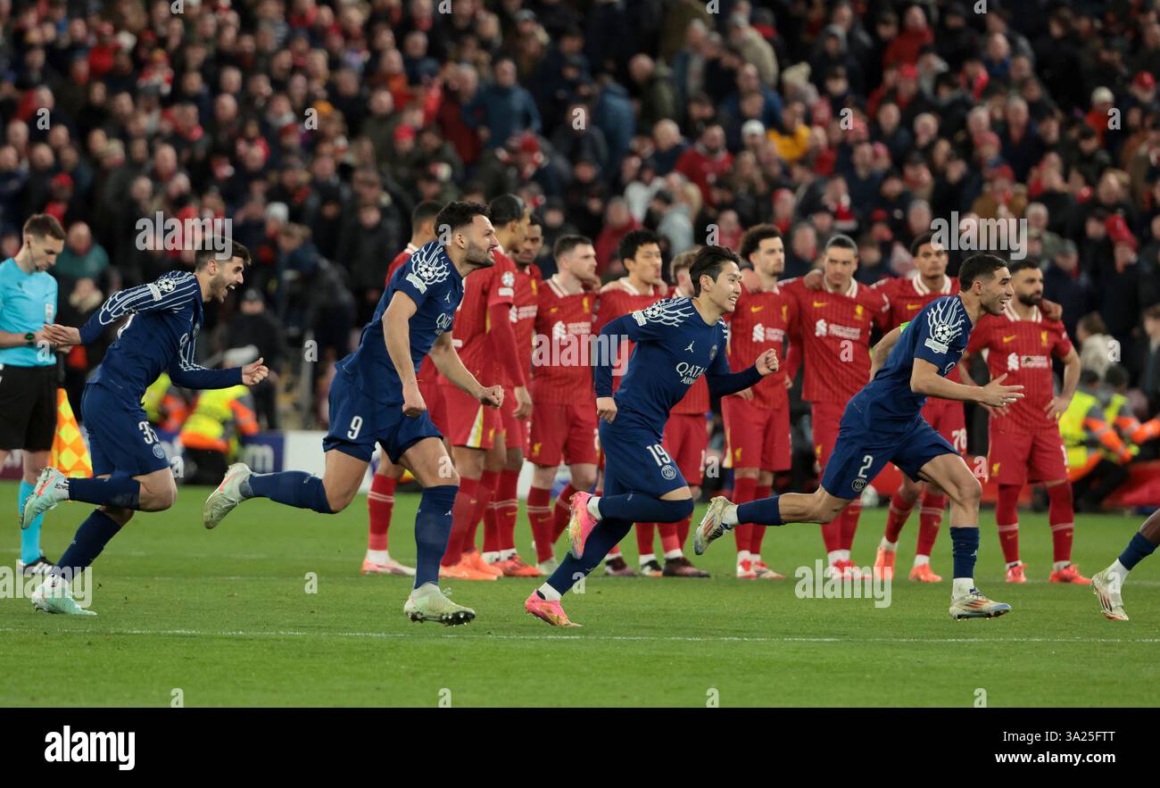 Liverpool, Royaume Uni. 11th Mar, 2025. Lucas Beraldo, Goncalo Ramos, Lee Kang-in, Achraf Hakimi ...