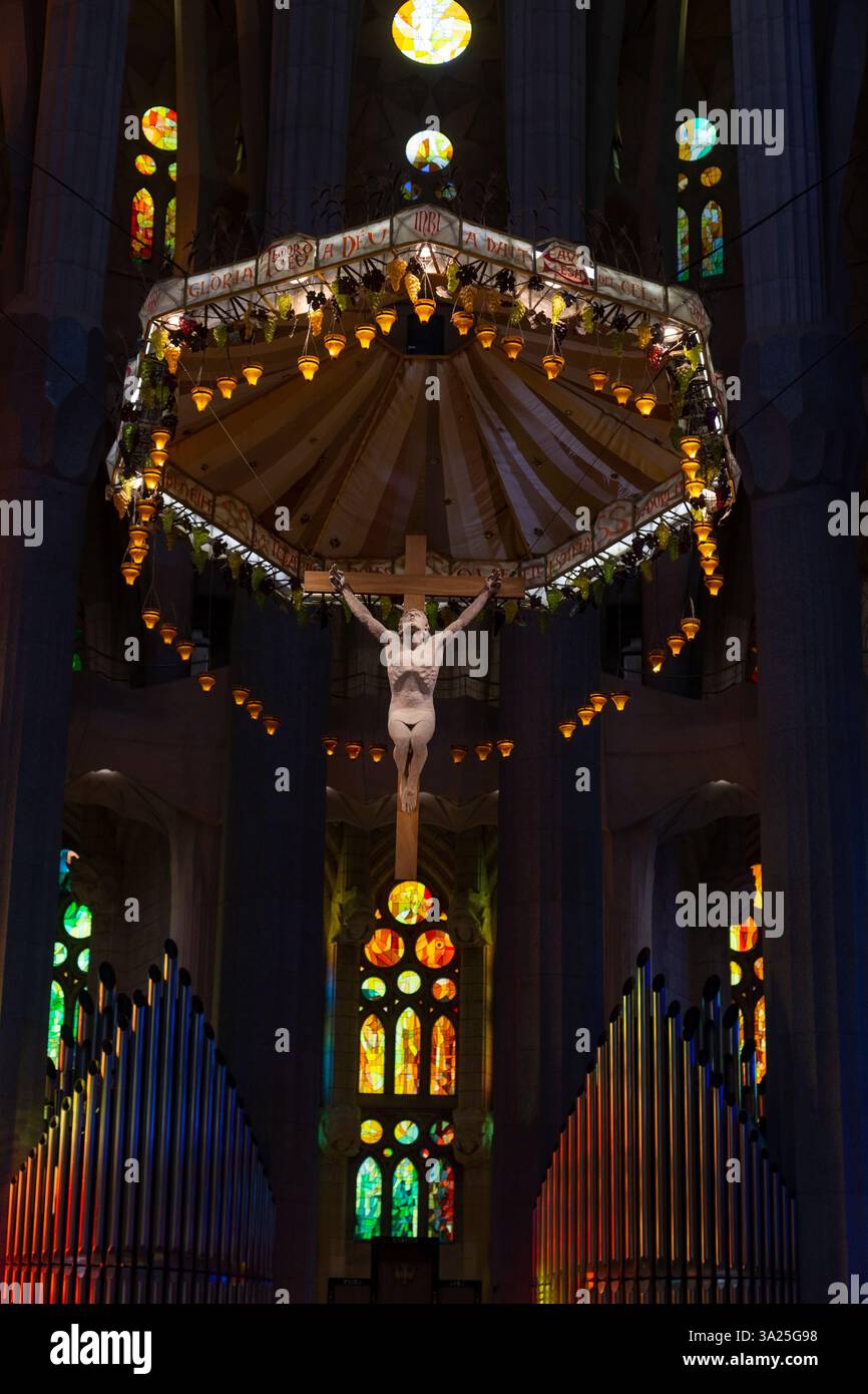 Jesus Christ Crucified Artwork Basilica Sagrada Familia Interior Detail. Catholic Cathedral ...