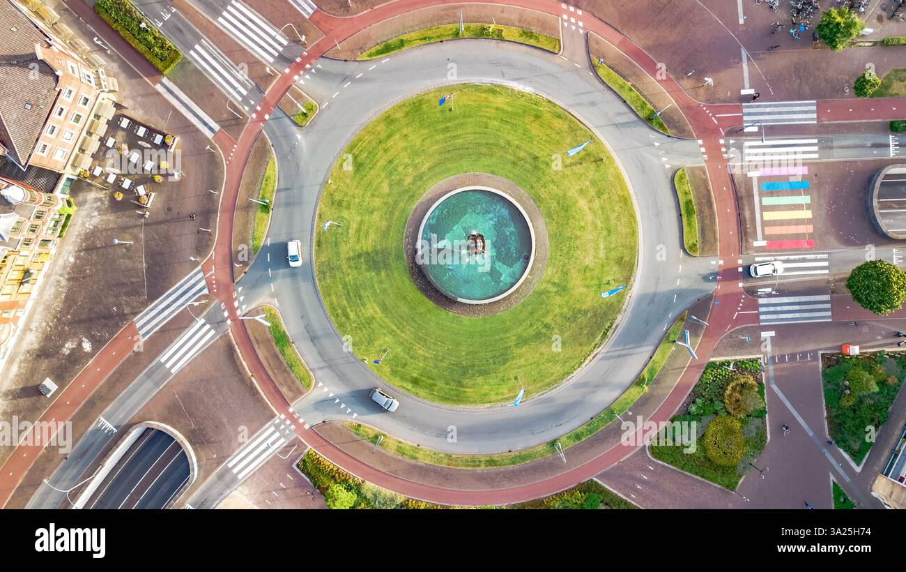 Road ring junction with bike paths and pedestrian crossings aerial ...