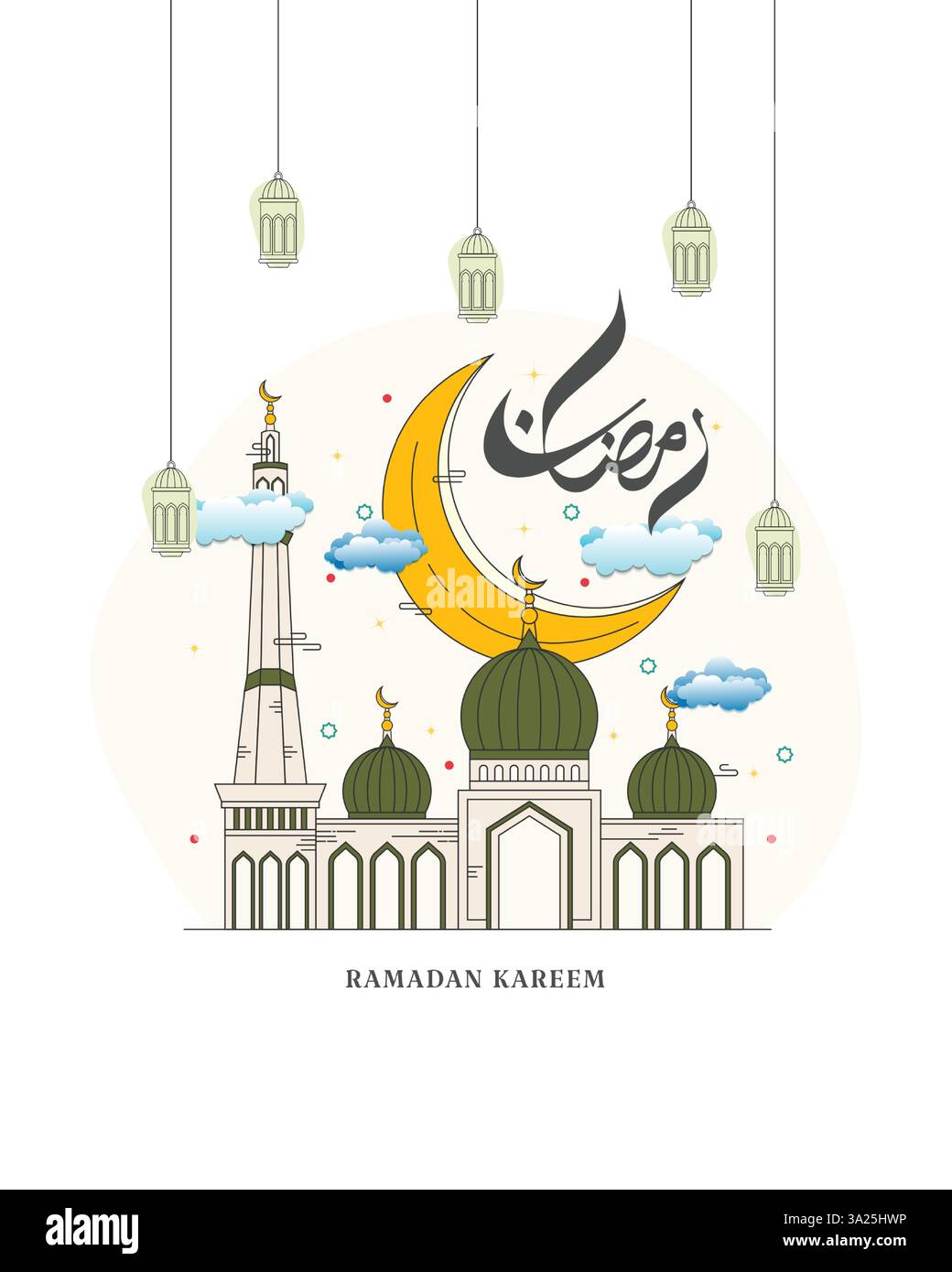 Hand-drawn Ramadan mosque with crescent and hanging lanterns. The ...