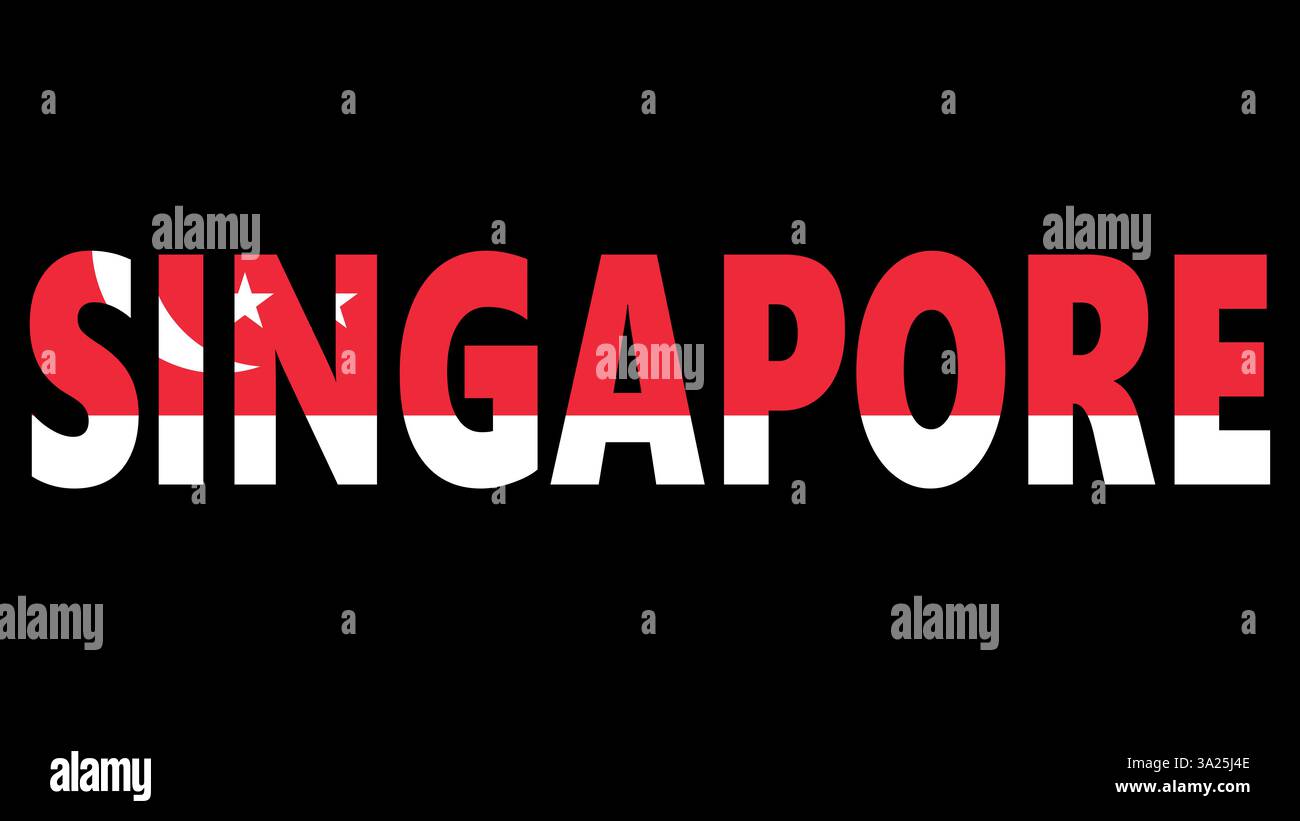 The word SINGAPORE in the style of that nation's flag against a black ...