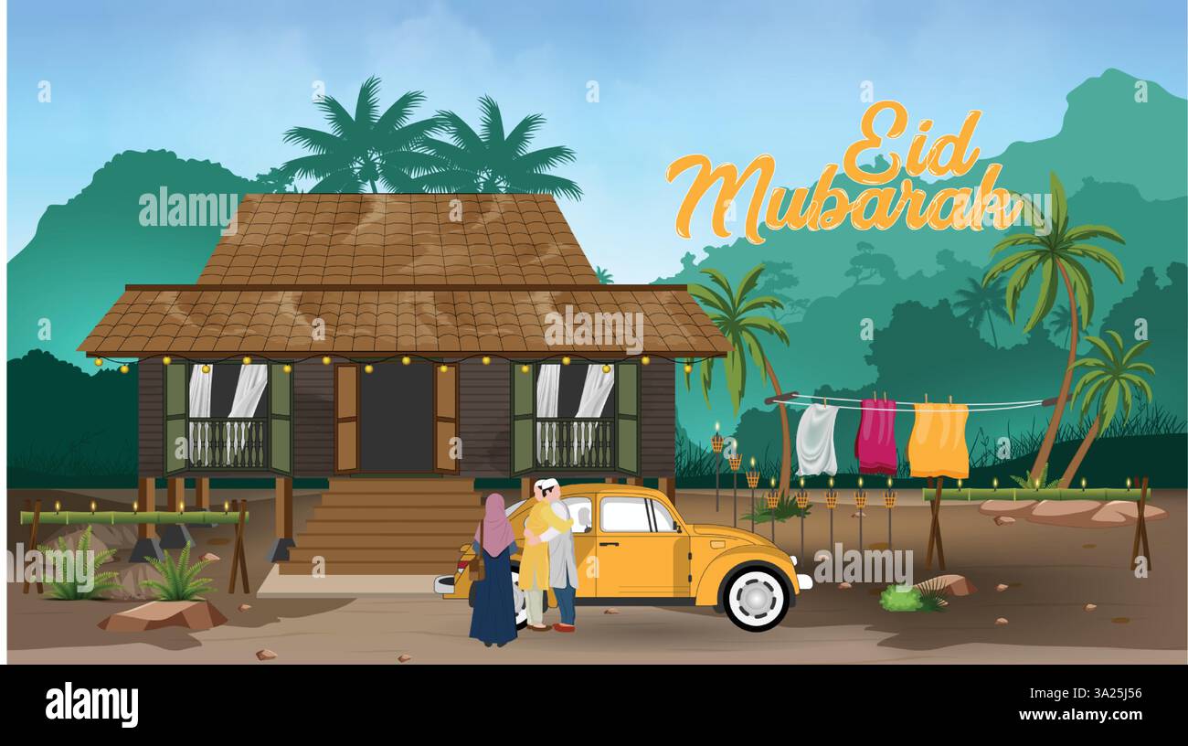 Eid Mubarak Celebration. A traditional Malay house, a red vintage car ...