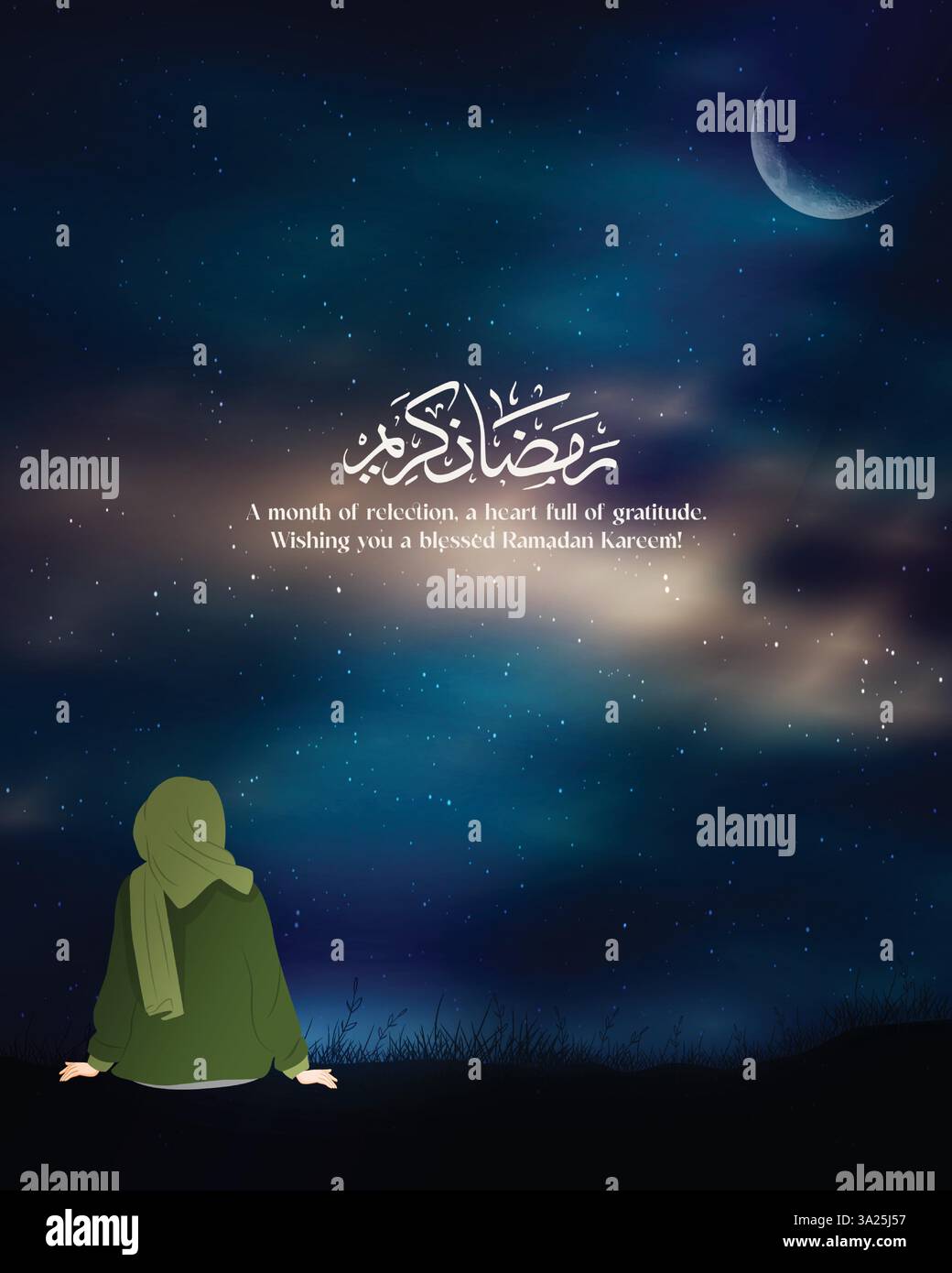 Peaceful Ramadan night with a muslim woman gazing at the crescent moon ...