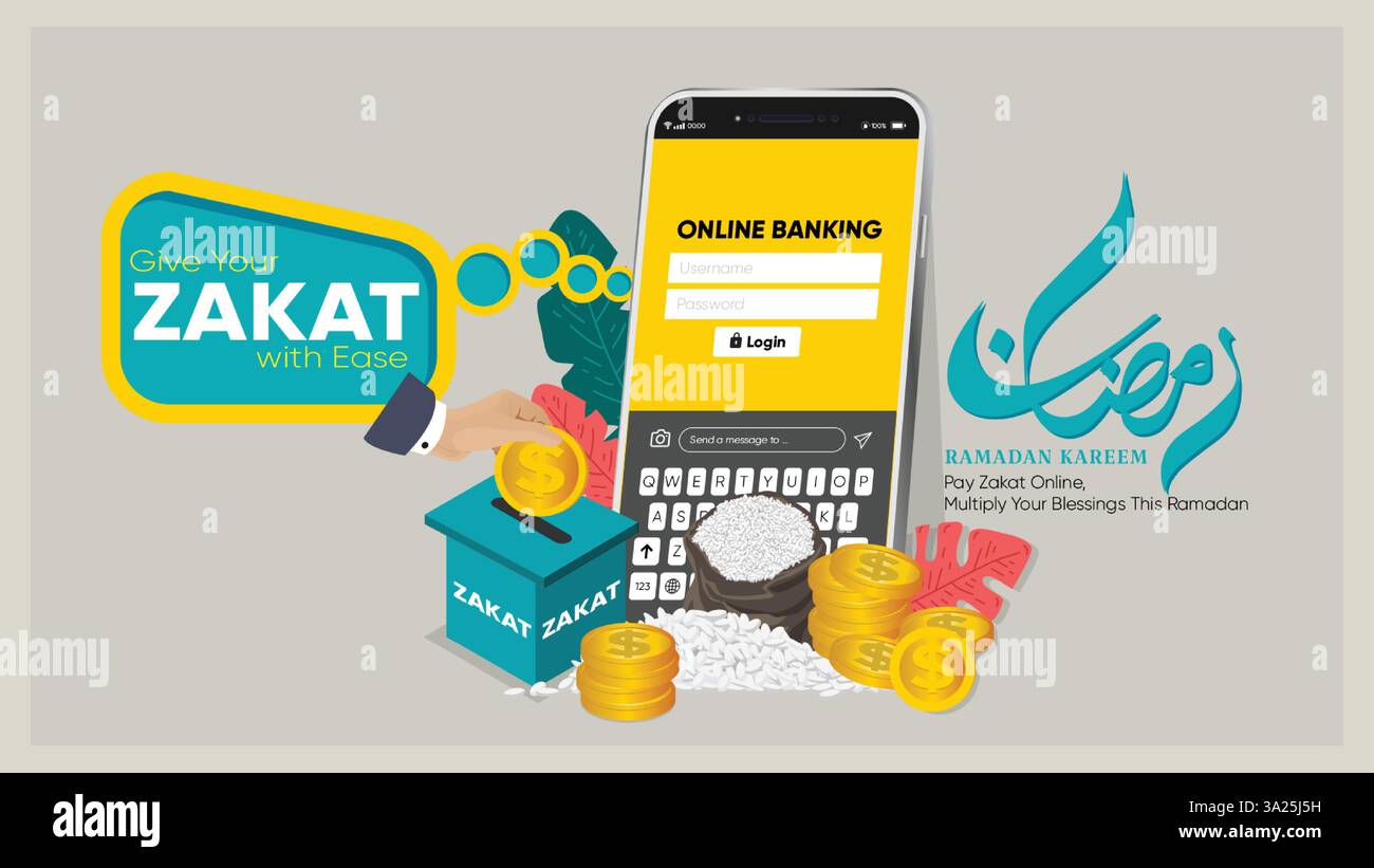 Online Zakat payment banner illustration for Ramadan giving. Zakat, one ...