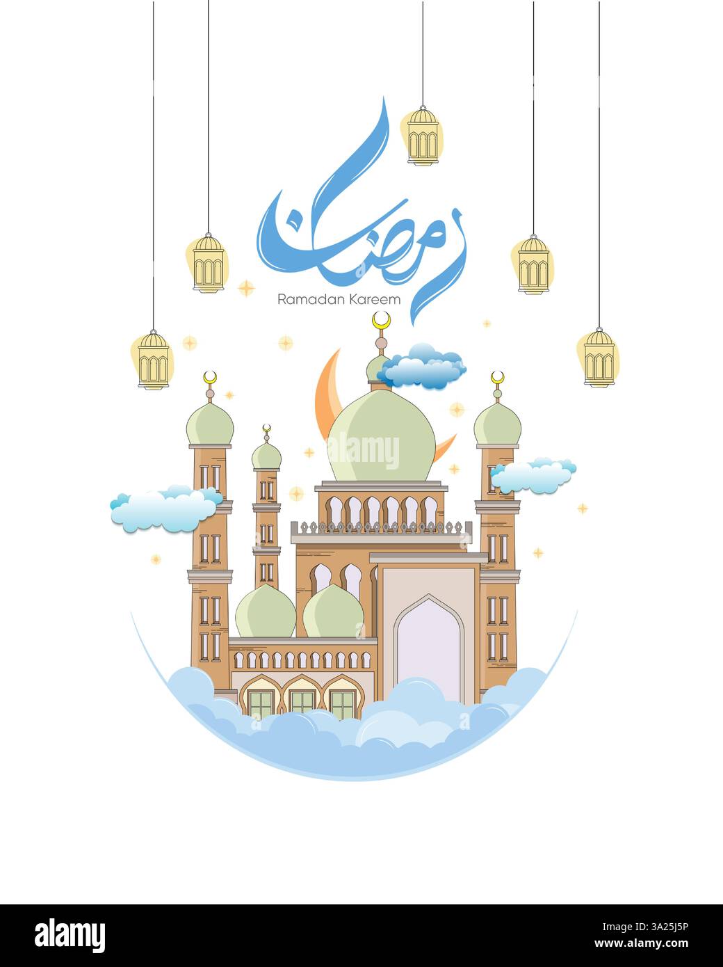 Minimalist Ramadan Kareem mosque illustration with crescent moon and ...