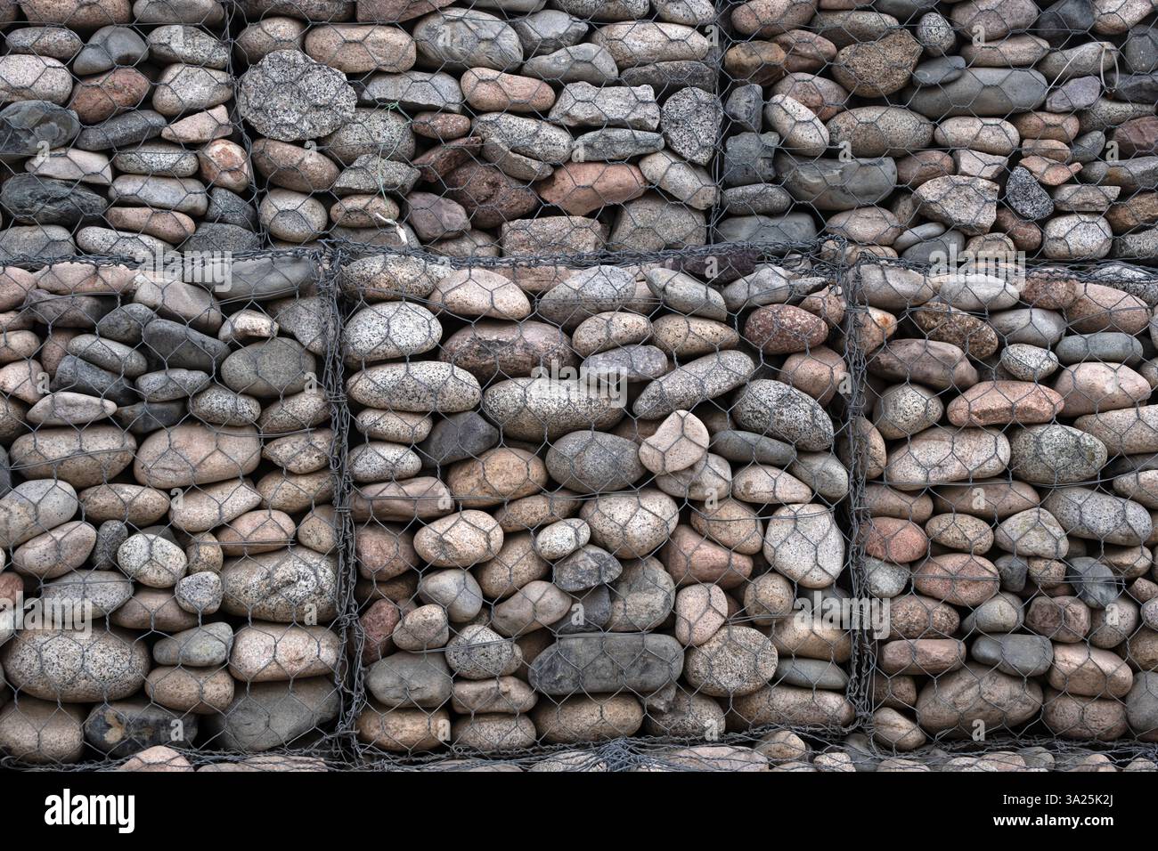 Textured background of Gabion wall built to protect road from ...