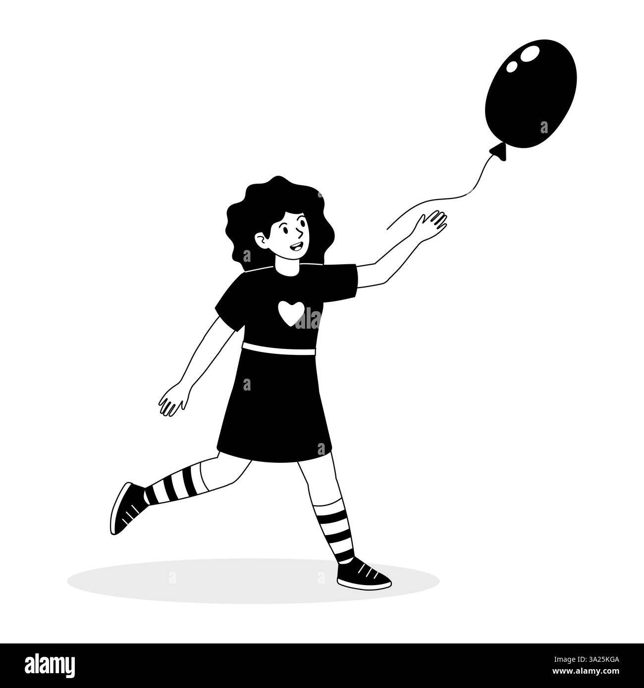 Child joyfully running after a balloon in black and white drawing Stock ...