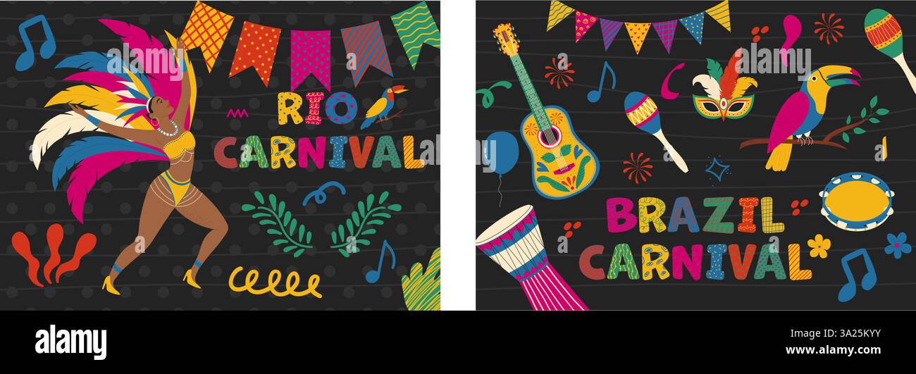Contemporary Brazil carnival poster set. Trendy banner collection with ...