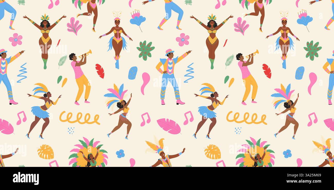 Brazilian carnival seamless pattern. Dancing people, leaves, doodle elements. Modern vector ...