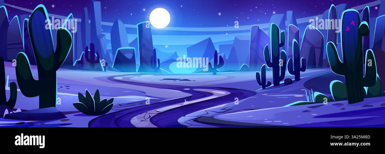 Wild West desert at night with moonlit landscape and cacti. Deep blue ...