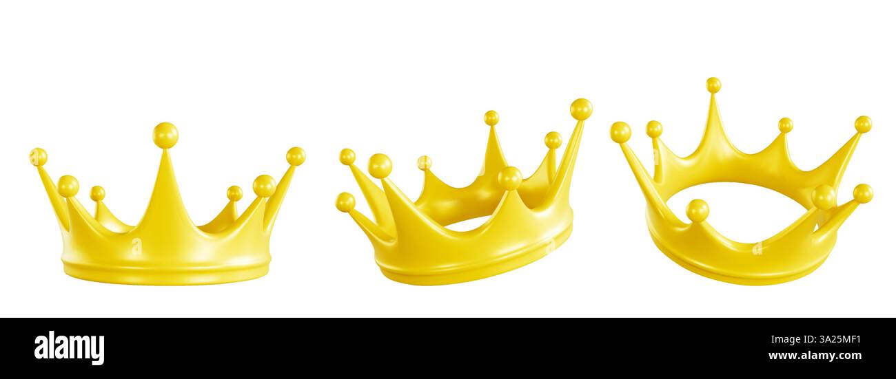 3d crown collection on white background. Set of golden royal headpieces ...