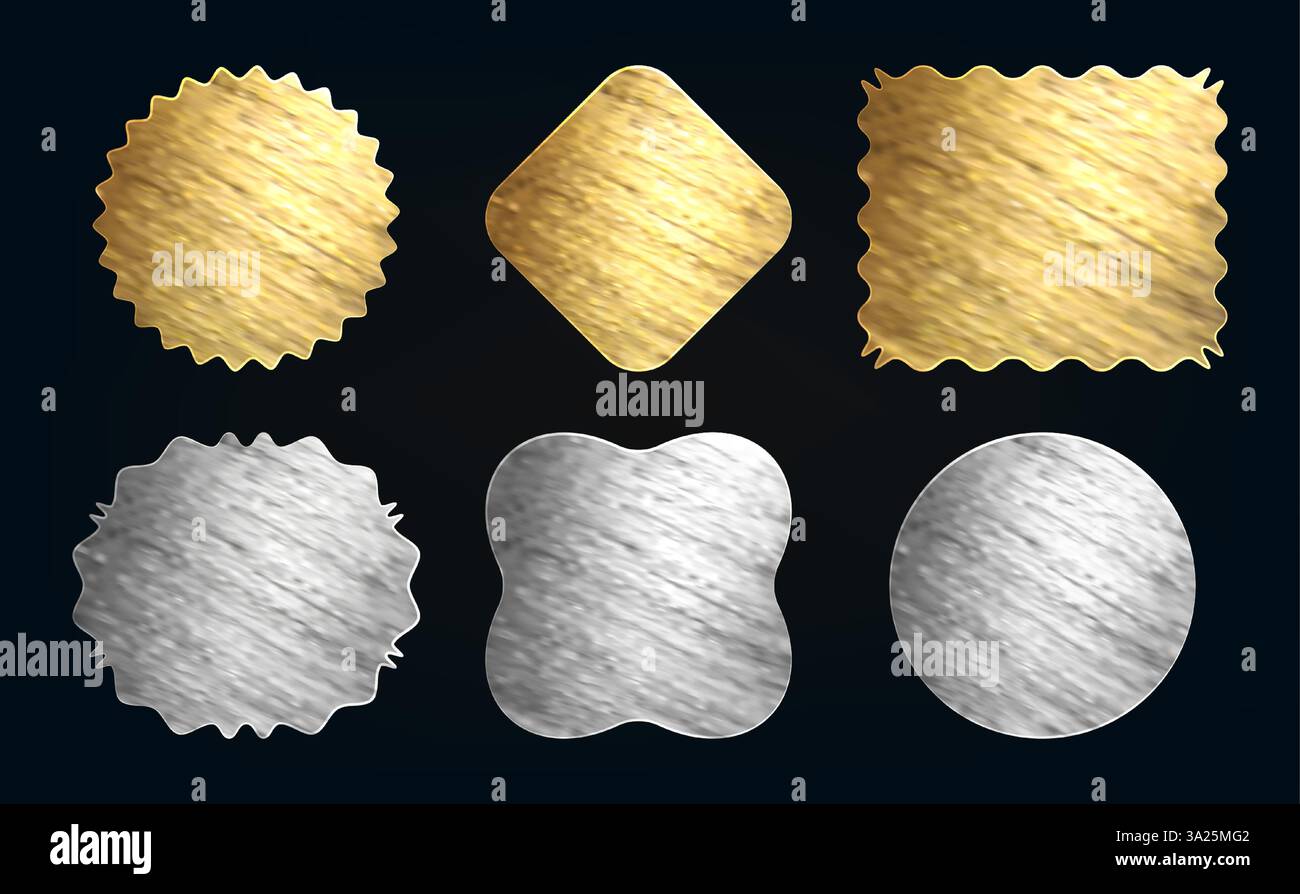 Golden and silver foil stickers set isolated on black background ...