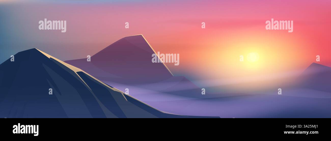 Beautiful sunset sky above mountains. Vector cartoon illustration of ...
