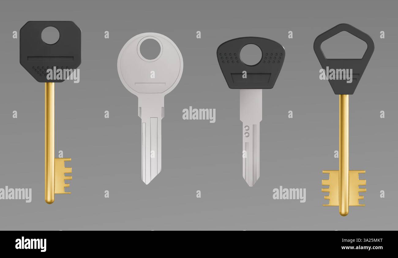 Realistic key set illustration - hexagon, round and pentagon unlock ...
