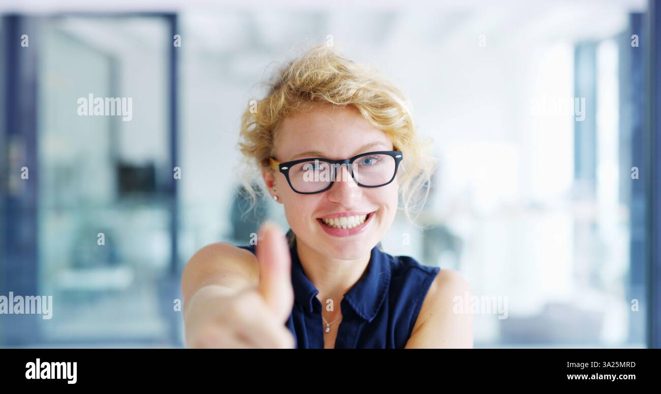 Happy woman, portrait and creative designer with thumbs up at office ...