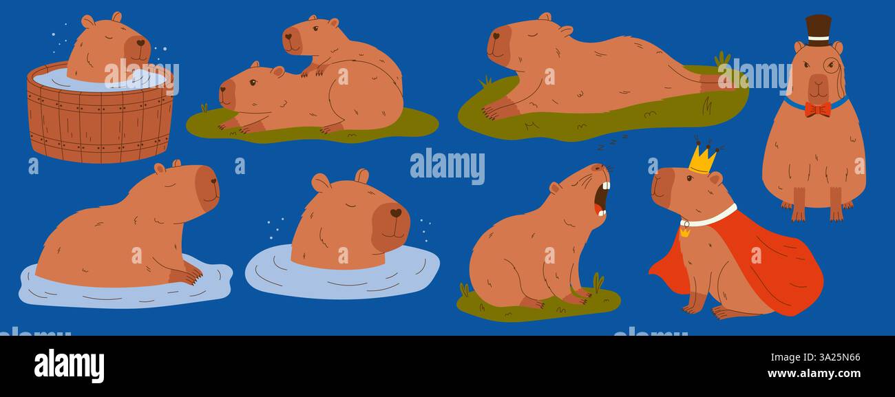 Cute capybara characters. Set of rodent characters swimming in pond, relaxing, in crown and hat ...