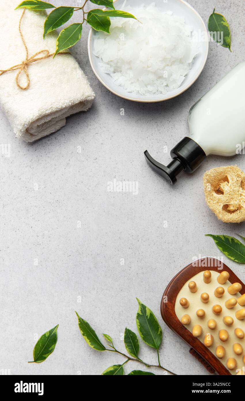 Natural organic spa products setting with magnesium flakes, towel ...