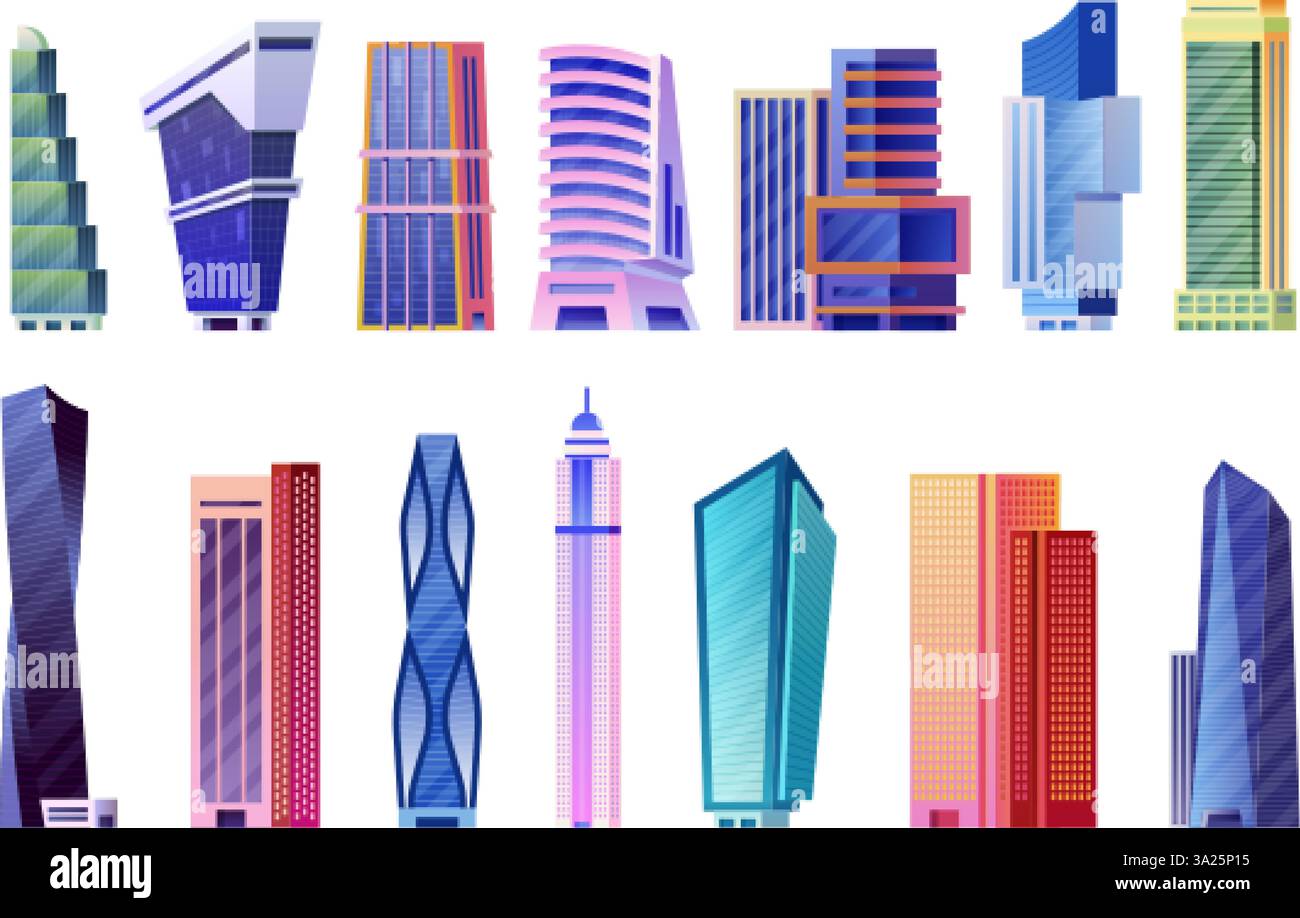 Cartoon skyscrapers buildings. City skyscraper set, urban tall tower ...