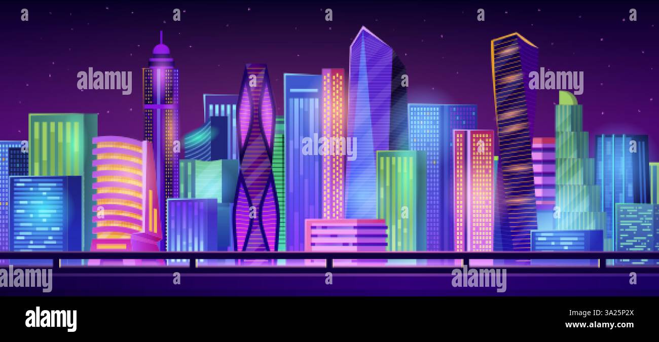 Night neon cityscape. Cyberpunk town panorama, futuristic dark urban ...