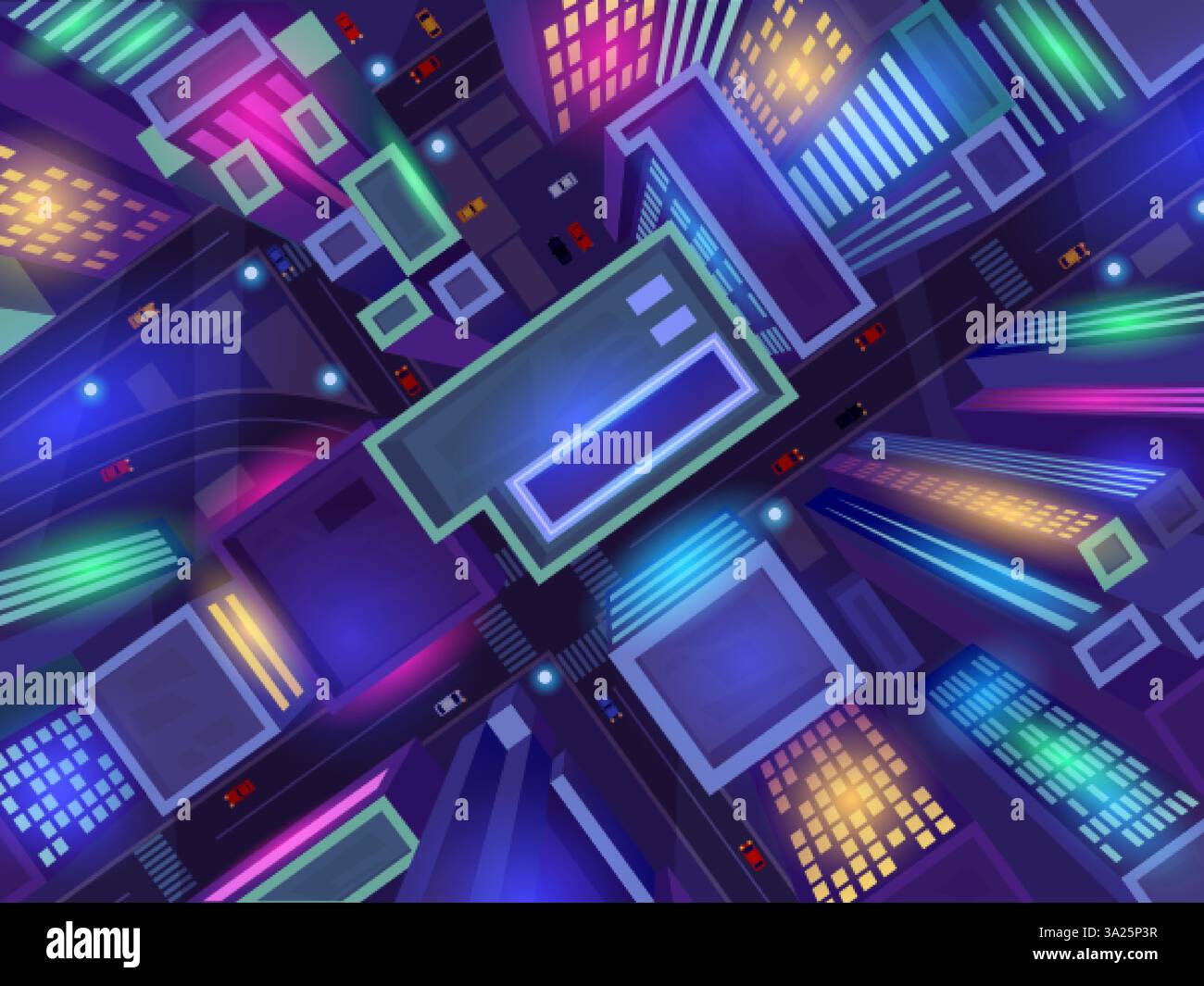 Night street top view. Dark city buildings skyscraper roof above road ...