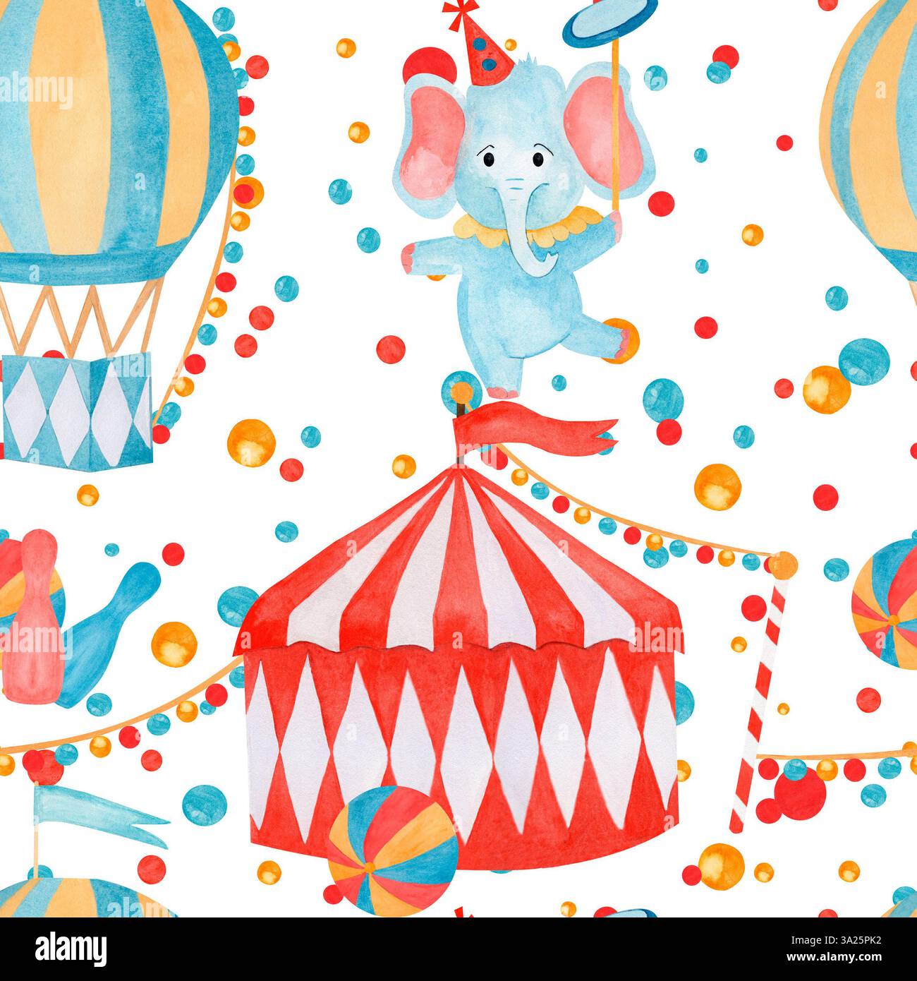 Seamless pattern watercolor hand drawn cartoon elephant juggler, tent ...