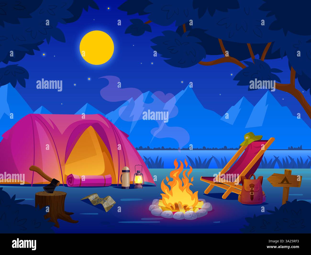 Night camp landscape. Campsite in dark forest, camping with campfire ...