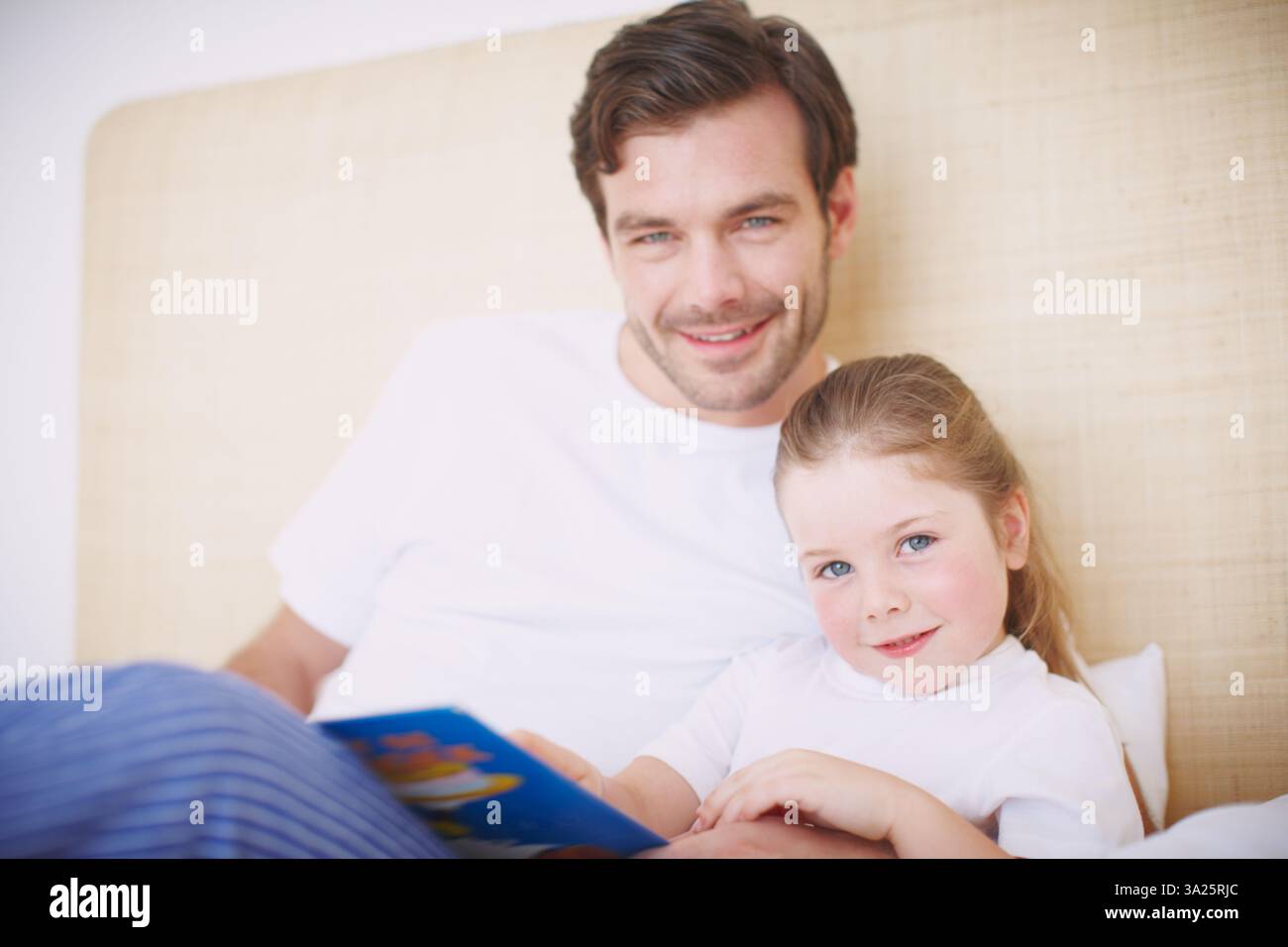 Bedroom, father and girl in portrait with book, learning and bonding with cognitive development ...