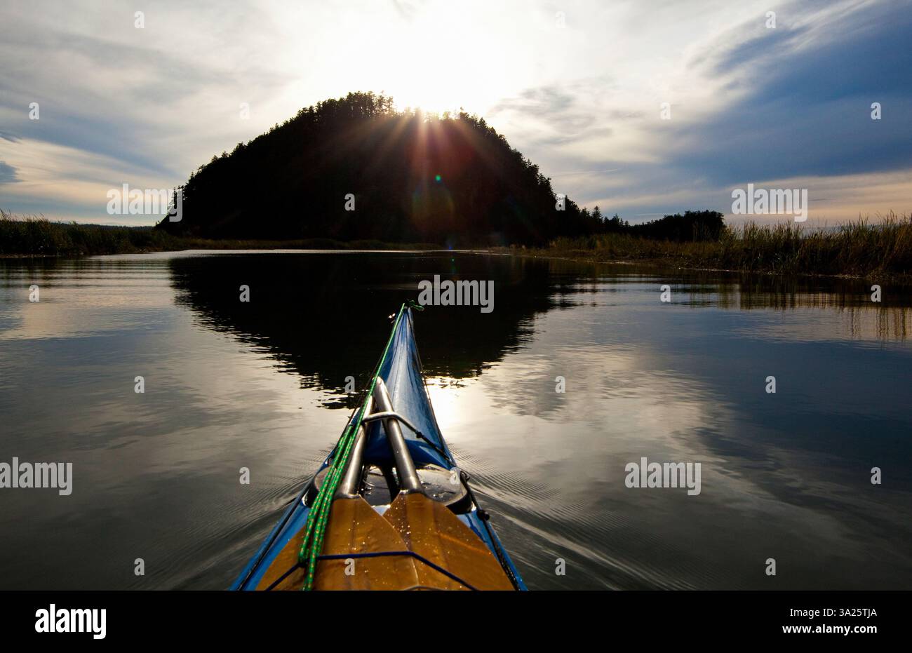 View from a kayak of an island in the Puget sound, flat calm water and ...