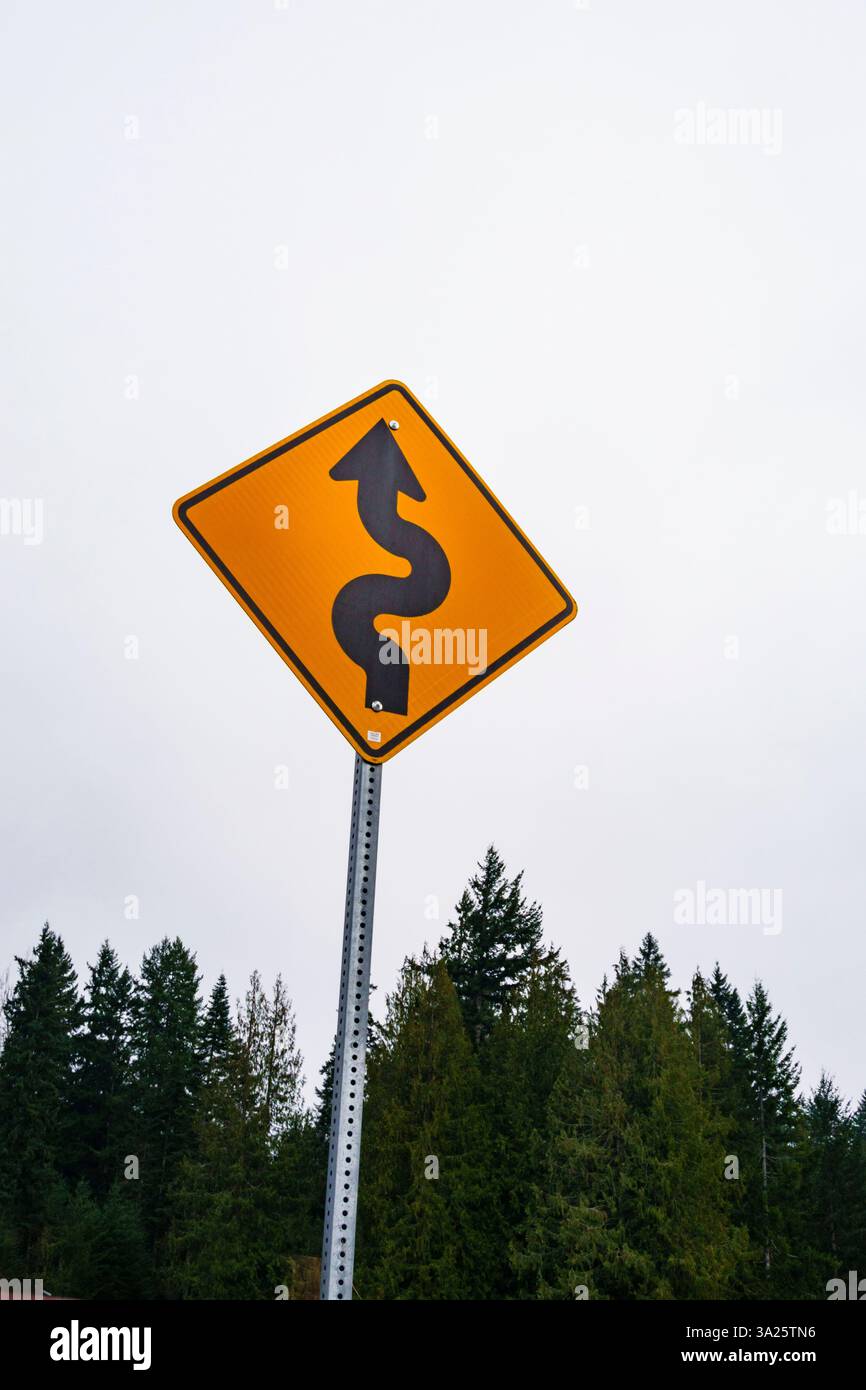 Close up of a curvy road sign, Port Angeles, Washington State Stock ...