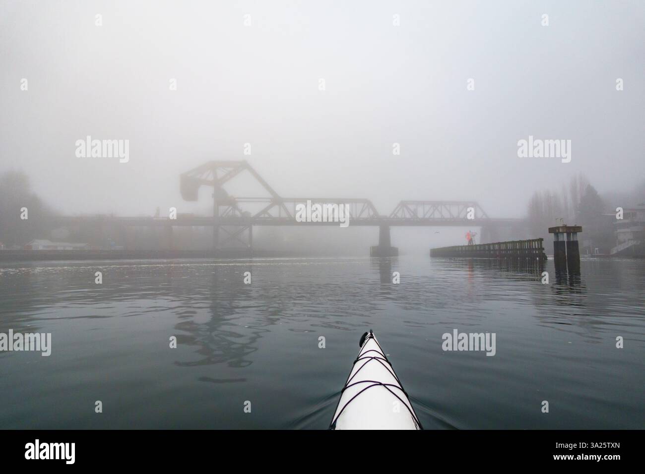 Kayak view of thick fog on Puget Sound, Seattle, Washington State Stock ...
