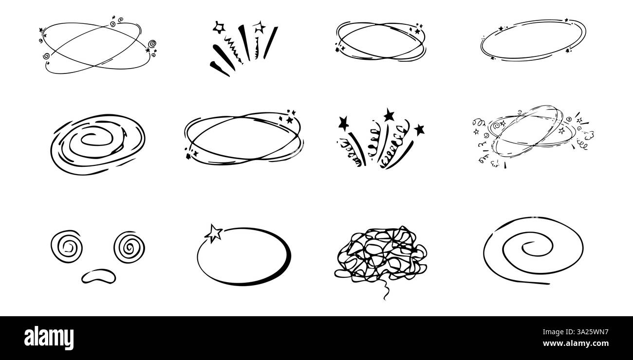 Dizzy effect, headache, sick drawing doodle comic set. dizziness faces ...