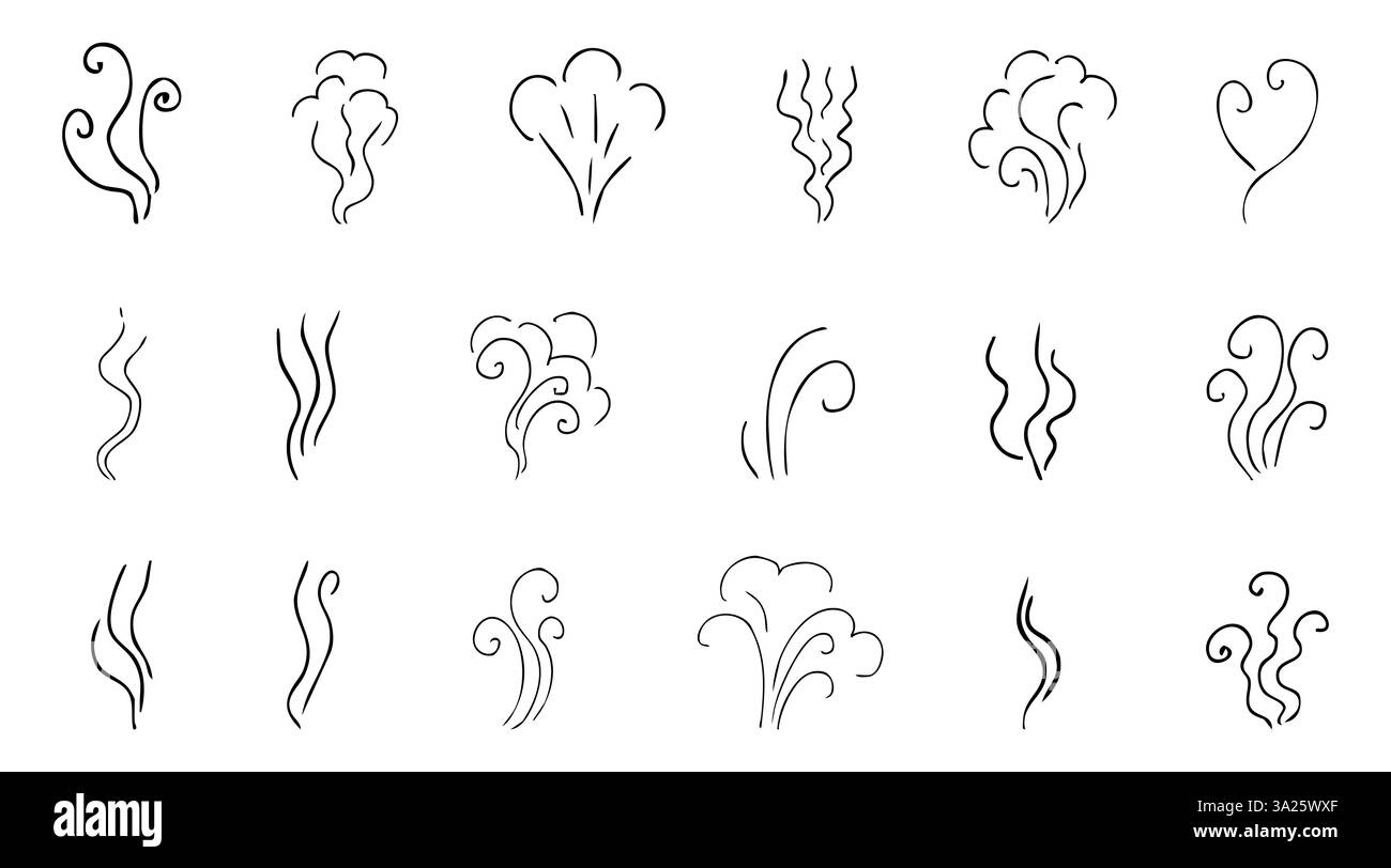 Steam smoke hand drawn line comic doodle. Aroma trail, cloud or wind ...