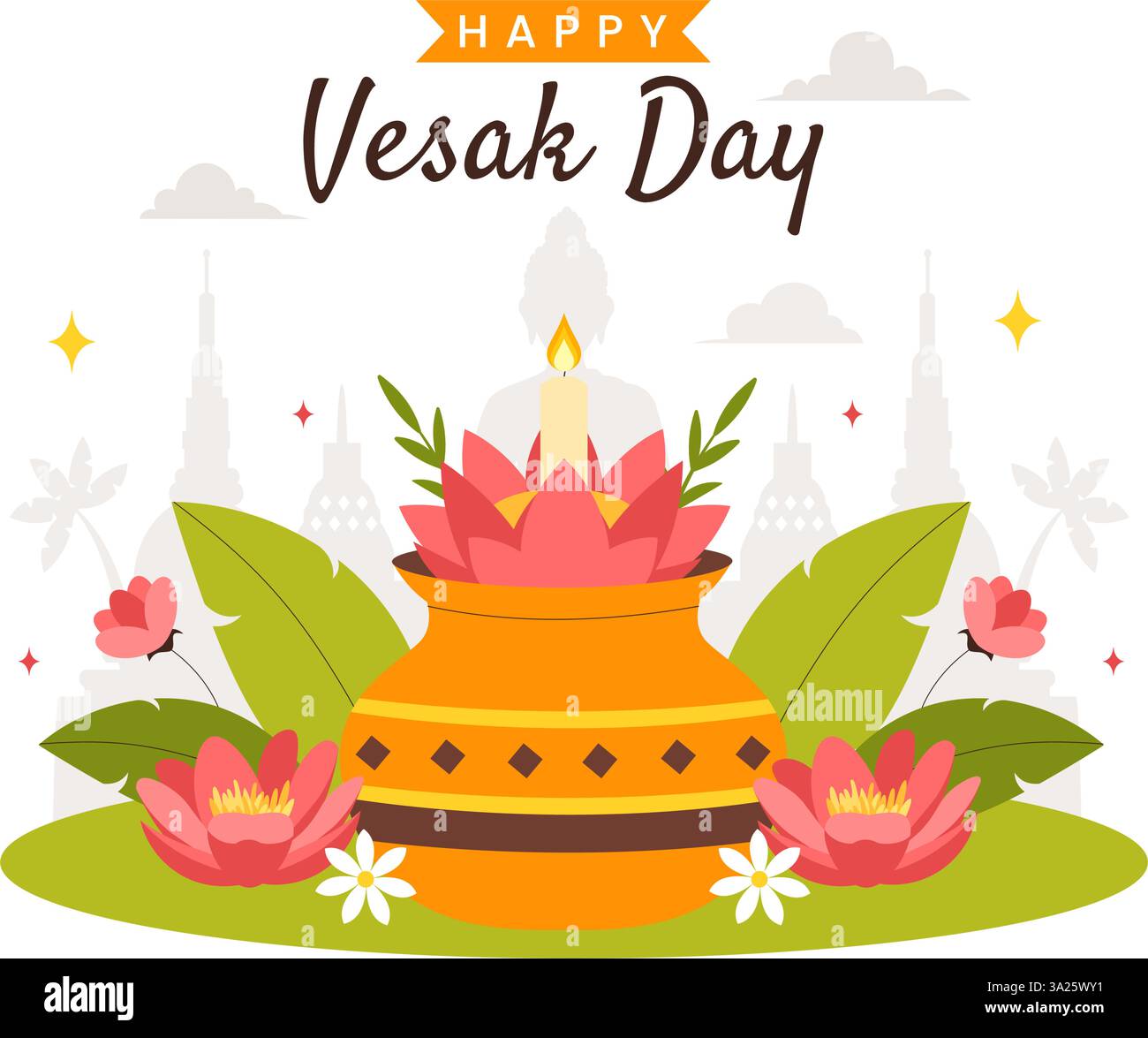Happy Vesak Day Celebration Vector Illustration Featuring a Temple ...
