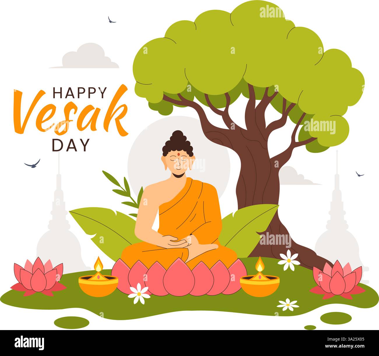 Happy Vesak Day Celebration Vector Illustration Featuring a Temple ...