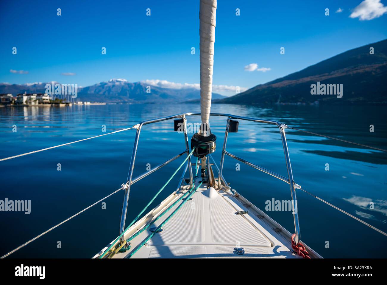 Yacht sailing in Adriatic sea. Close-up view of the deck, mast and ...