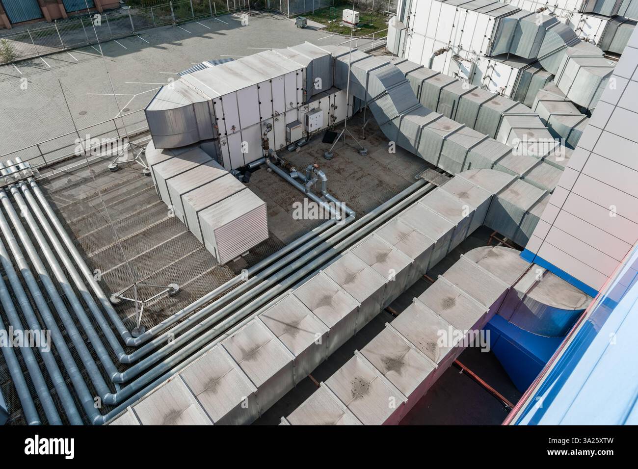 Top view of Chiller fan coil system installed on the roof of a building ...