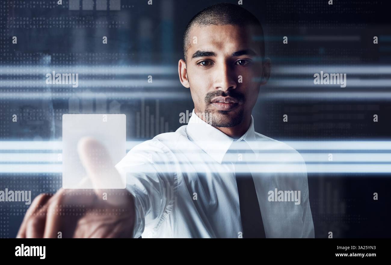 Businessman, touch or interaction with finger on hud for futuristic ...