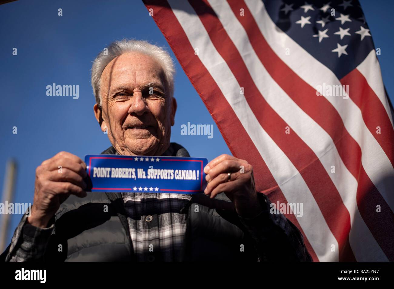 Point Roberts, United States. 05th Mar, 2025. Brian Calder holds a ...