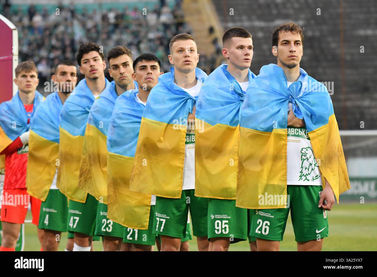 Lviv, Ukraine. 11th Mar, 2025. Players of FC Karpaty Lviv line up ...