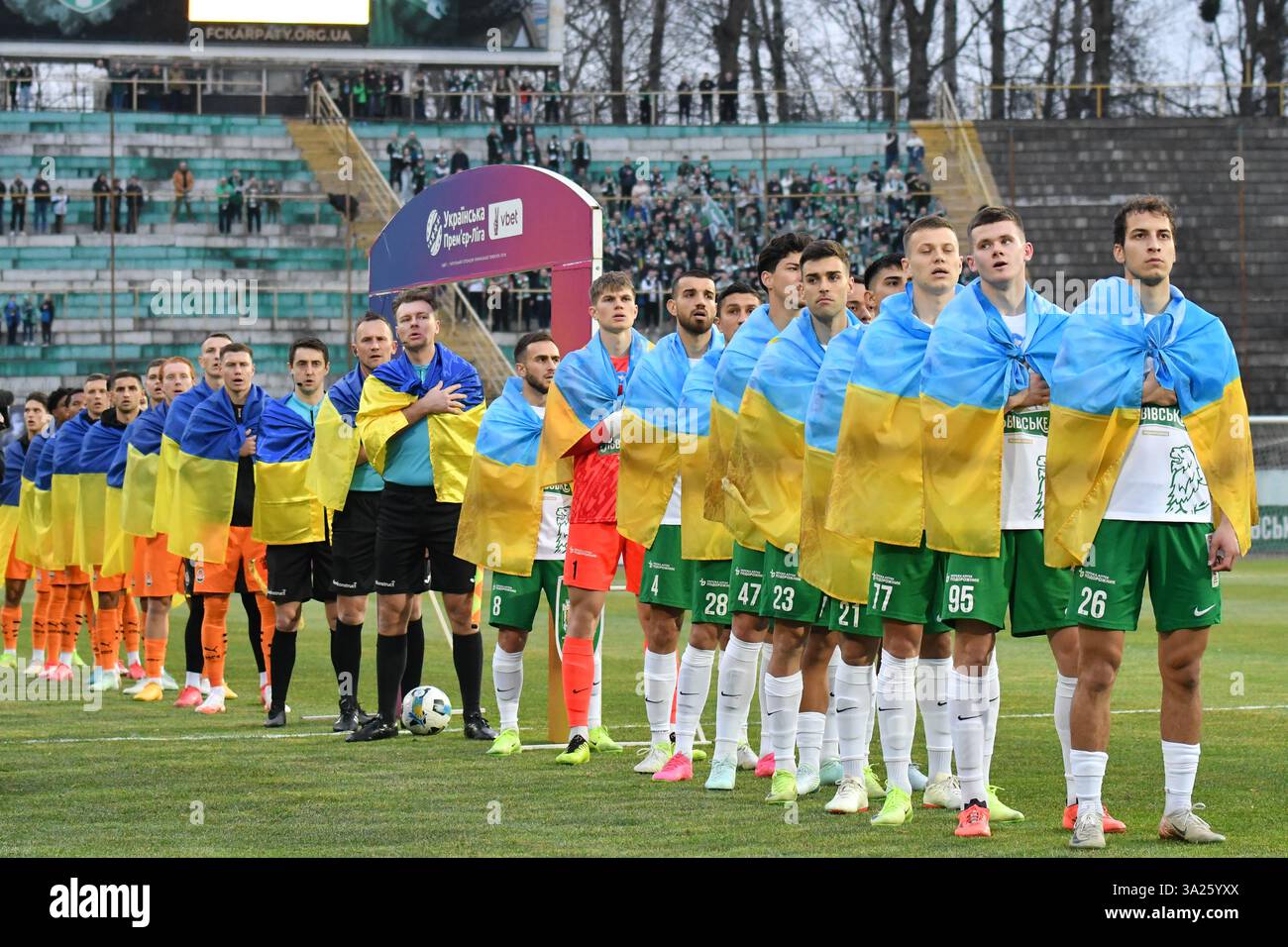 Lviv, Ukraine. 11th Mar, 2025. Players of FC Karpaty Lviv line up ...