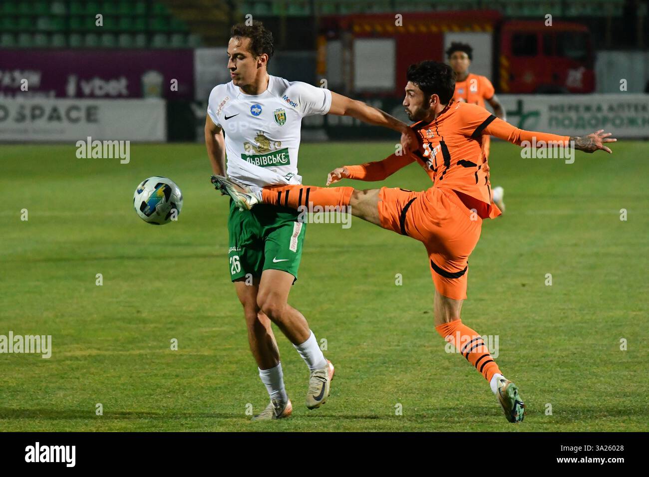 Lviv, Ukraine. 11th Mar, 2025. Yan Kostenko of Karpaty and Irakli ...