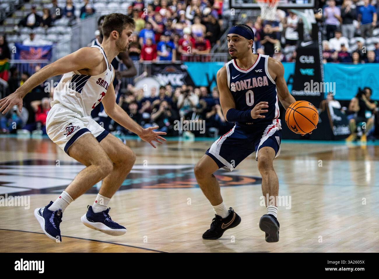 March 11 2025 Las Vegas, NV, U.S.A. Gonzaga guard Ryan Nembhard (0)looks to pass the ball during ...