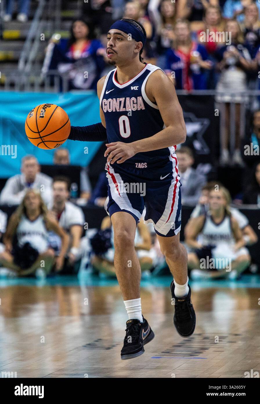 March 11 2025 Las Vegas, NV, U.S.A. Gonzaga guard Ryan Nembhard (0)looks to pass the ball during ...