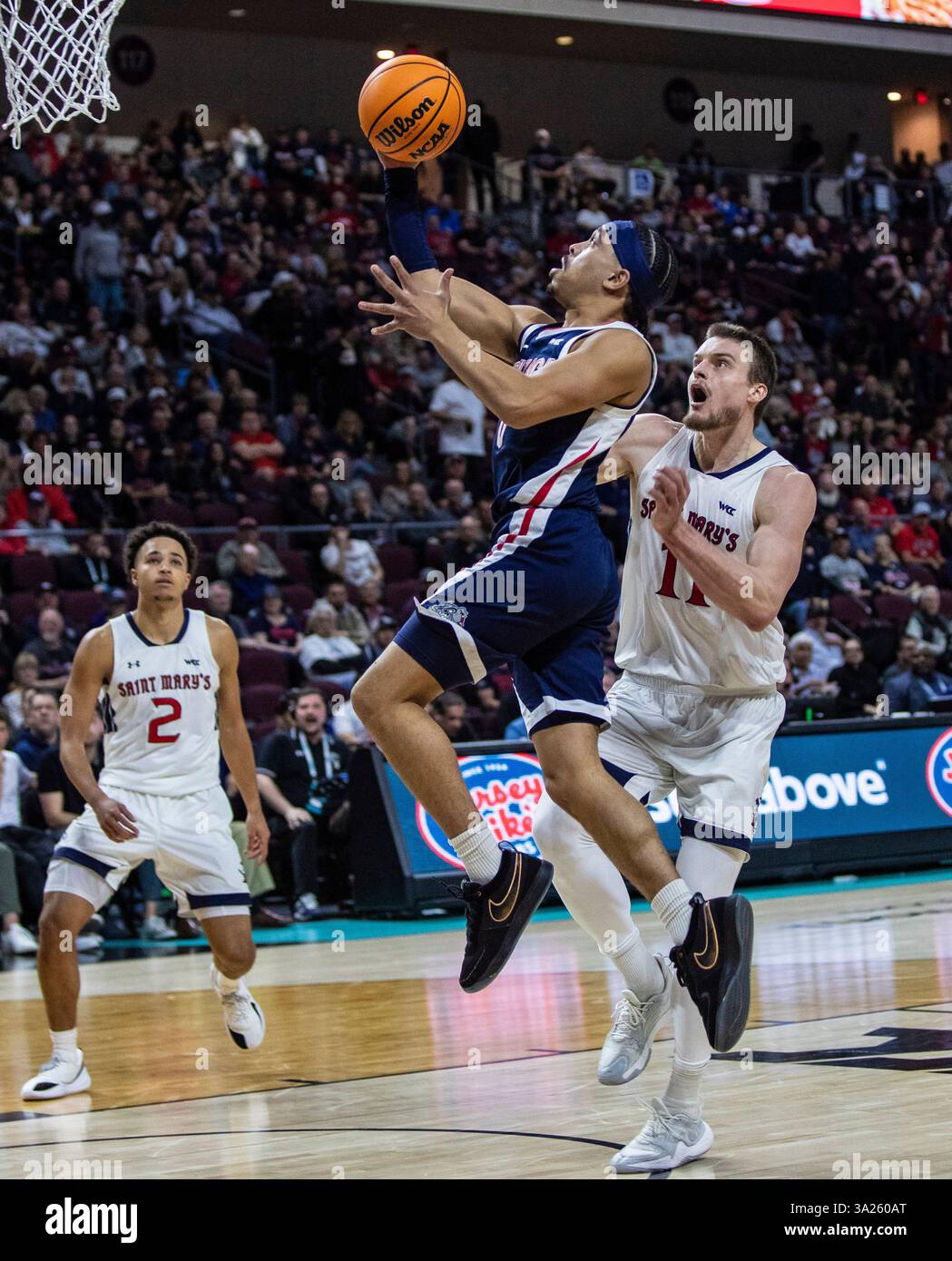 March 11 2025 Las Vegas, NV, U.S.A. Gonzaga guard Ryan Nembhard (0)drives to the basket during ...