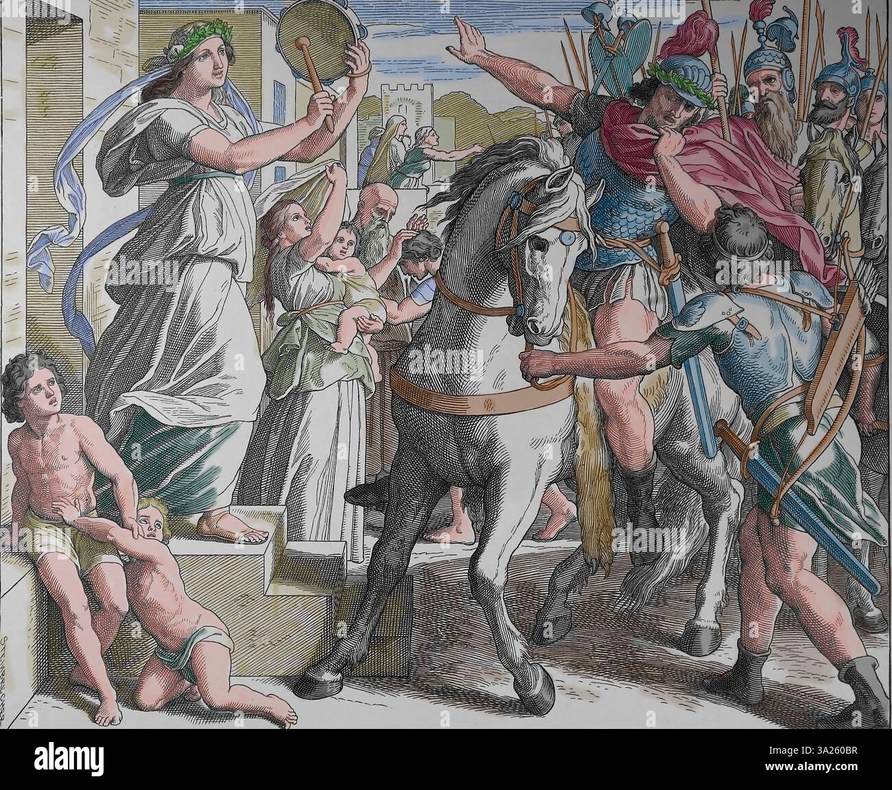 Bible. The return of Jephthah and vow . Book of Judges. Illustration by J. Schnorr von ...